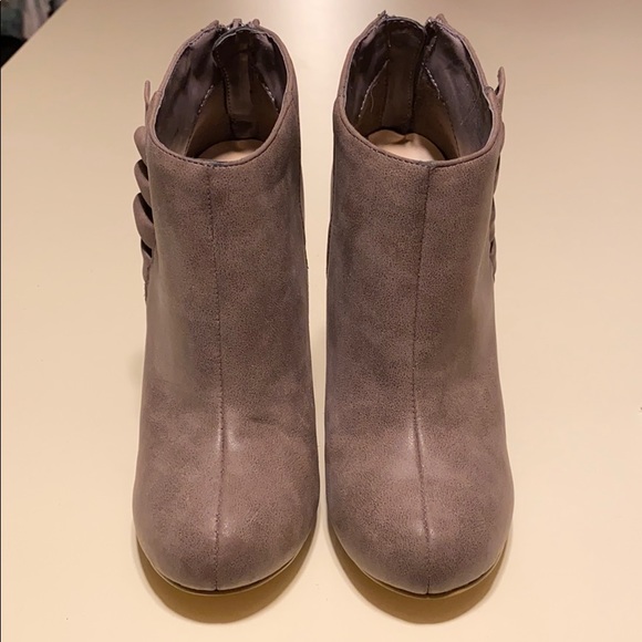 JustFab | Shoes | Justfab Taupe High Heel Booties With Ruffle 6 | Poshmark
